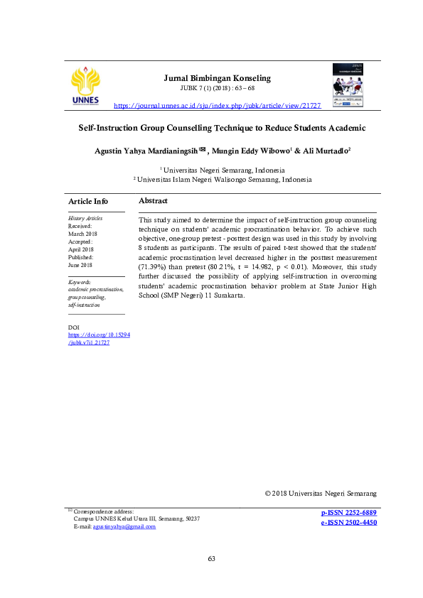 (PDF) Self-Instruction Group Counselling Technique to Reduce Students Academic Article Info