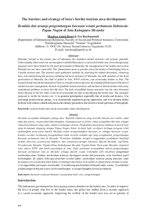 (PDF) The barriers and strategy of Sota's border tourism area development Kendala dan strategi ...