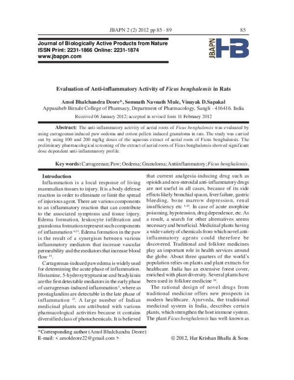 (PDF) Evaluation of Anti-inflammatory Activity of Ficus benghalensis in Rats