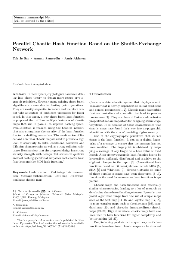 (PDF) Parallel chaotic hash function based on the shuffle-exchange network