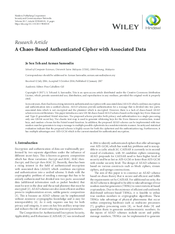 Pdf A Chaos Based Authenticated Cipher With Associated Data 3757