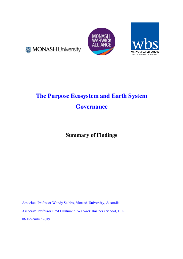 (PDF) The Purpose Ecosystem and Earth System Governance Summary of Findings