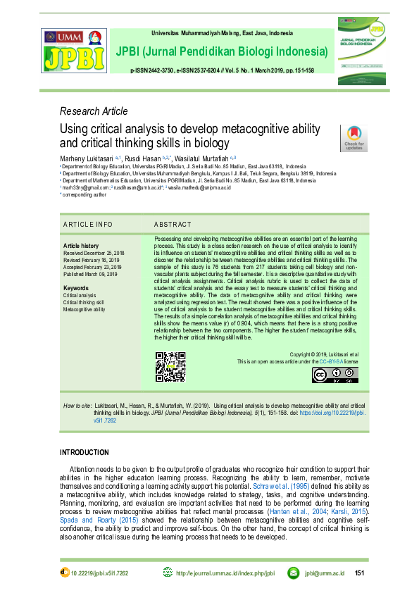 Pdf Using Critical Analysis To Develop Metacognitive Ability And Critical Thinking Skills In