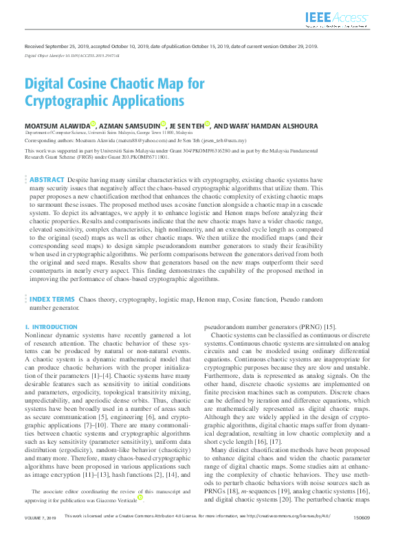 (PDF) Digital Cosine Chaotic Map for Cryptographic Applications