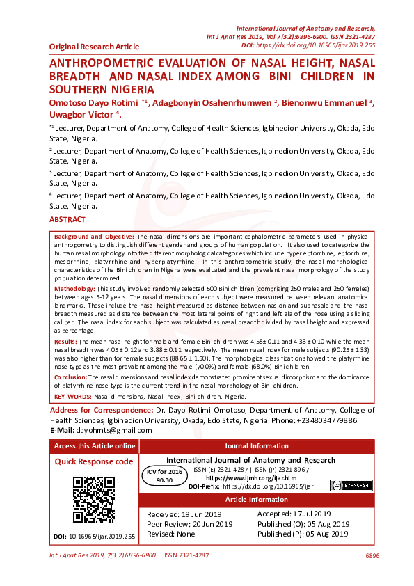 (PDF) ANTHROPOMETRIC EVALUATION OF NASAL HEIGHT, NASAL BREADTH AND ...