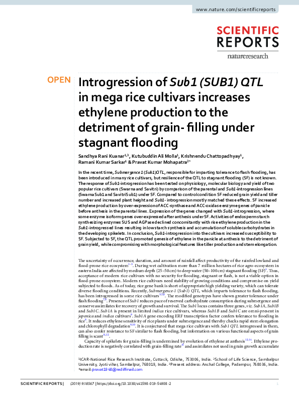 (PDF) Introgression of Sub1 (SUB1) QTL in mega rice cultivars increases ...