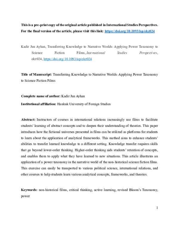 (PDF) Transferring Knowledge to Narrative Worlds: Applying Power ...