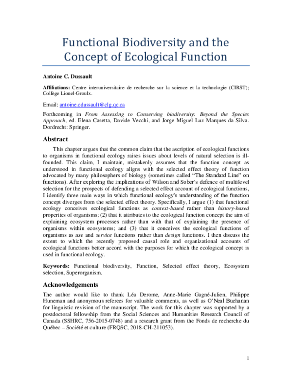 (PDF) Functional Biodiversity and the Concept of Ecological Function ...
