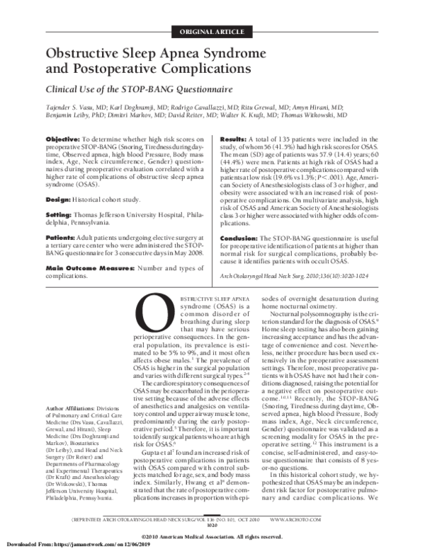 (PDF) Obstructive Sleep Apnea Syndrome and Postoperative Complications ...