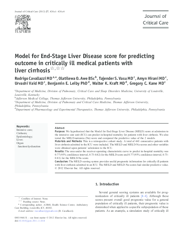 (PDF) Model for End-Stage Liver Disease score for predicting outcome in ...
