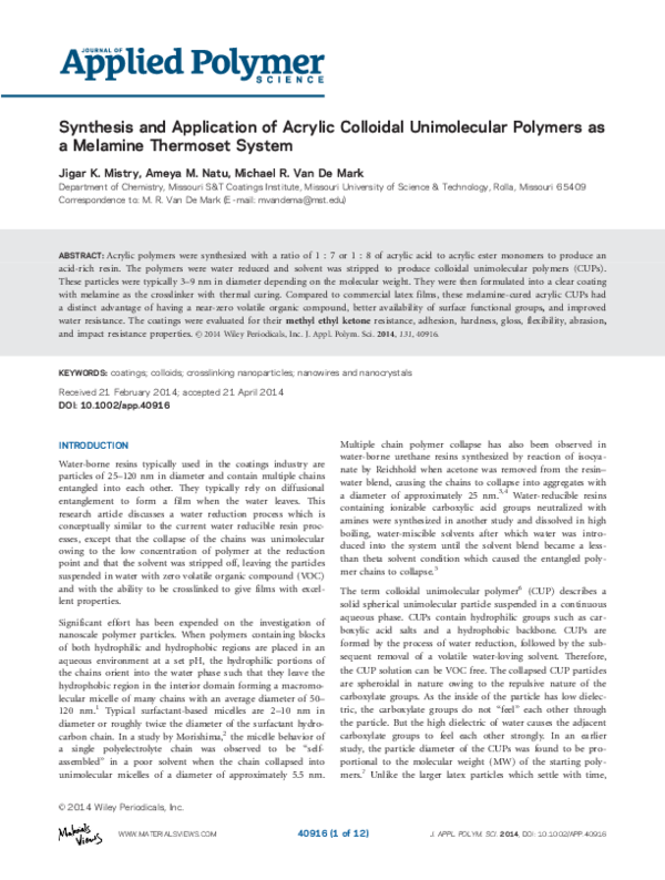 (PDF) Synthesis and Application of Acrylic Colloidal Unimolecular ...