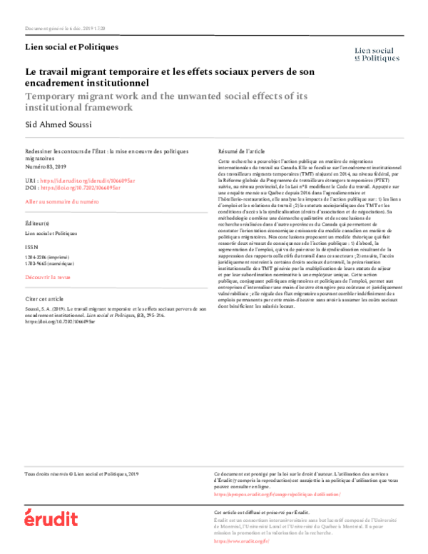 (PDF) Sid Ahmed Soussi - Le travail migrant temporaire et les effets ...