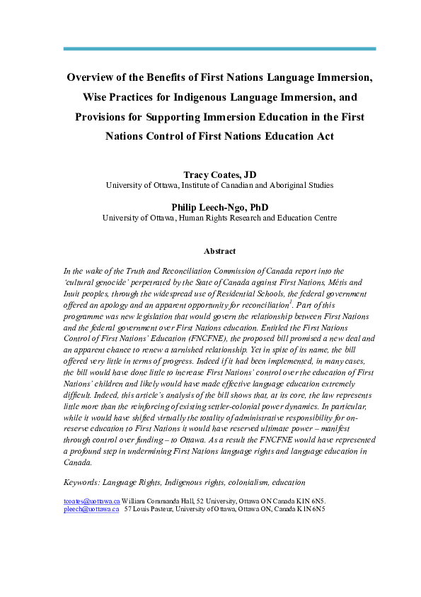 (PDF) Overview of the Benefits of First Nations Language Immersion ...