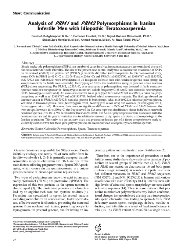 (PDF) Analysis of PRM1 and PRM2 Polymorphisms in Iranian Infertile Men with Idiopathic ...