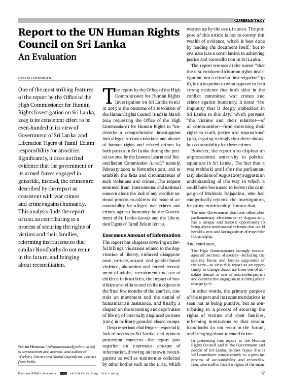 (PDF) Report to the UN Human Rights Council on Sri Lanka: An Evaluation