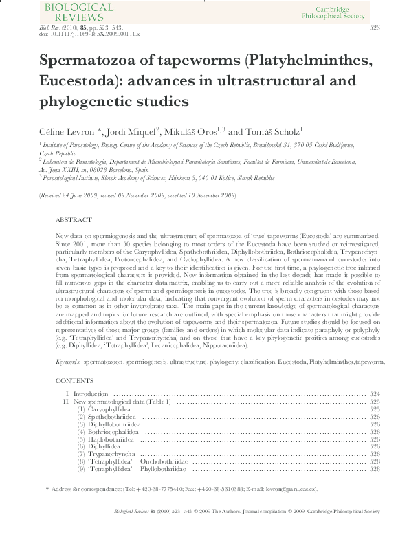 (PDF) Spermatozoa of tapeworms (Platyhelminthes, Eucestoda): advances ...