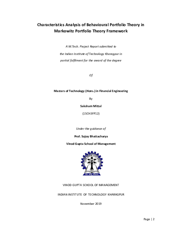 (DOC) Behavioural Portfolio Theory in Markowitz Portfolio Theory Framework