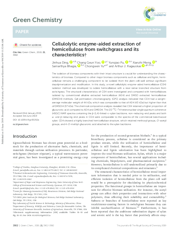 (PDF) Cellulolytic enzyme-aided extraction of hemicellulose from switchgrass and its characteristics
