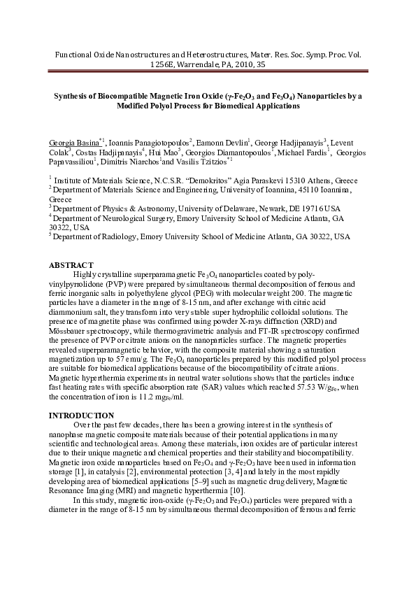 (PDF) Synthesis of biocompatible magnetic iron oxides (γ-Fe2O3 and Fe3O4) nanoparticles by a ...