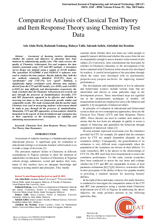 Pdf Comparative Analysis Of Classical Test Theory And Item Response