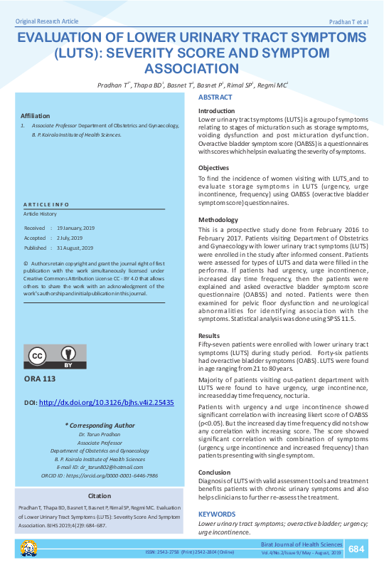 (PDF) EVALUATION OF LOWER URINARY TRACT SYMPTOMS (LUTS): SEVERITY SCORE ...