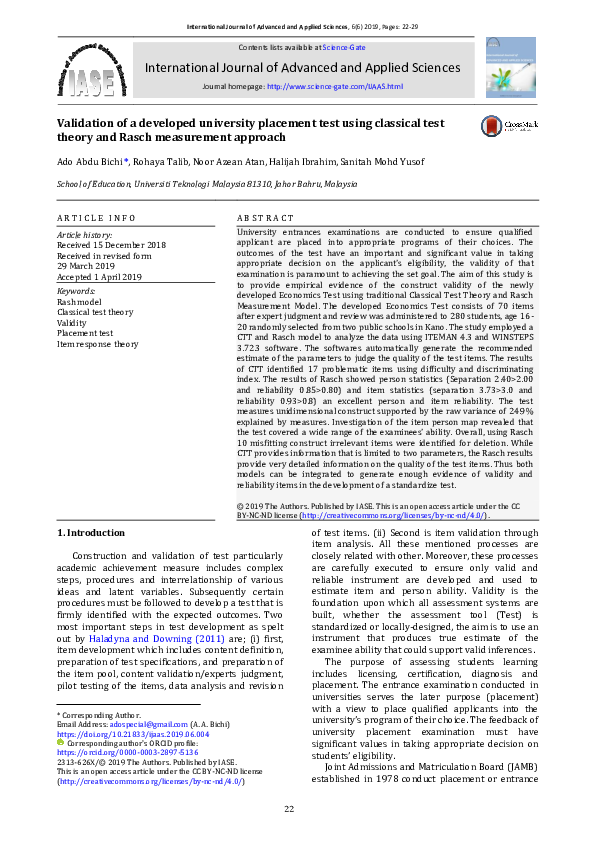 Pdf Validation Of A Developed University Placement Test Using Classical Test Theory And Rasch