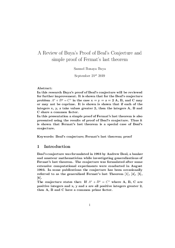 (PDF) A Review of Buya's Proof of Beal's Conjecture and simple proof of ...