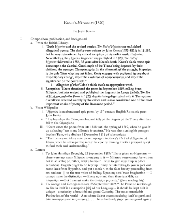 (PDF) Keats’s Hyperion and Fall of Hyperion (Presentation Notes)