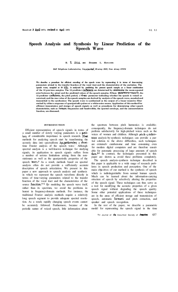 Pdf Speech Analysis And Synthesis By Linear Prediction Of The Speech Wave Bishnu Atal