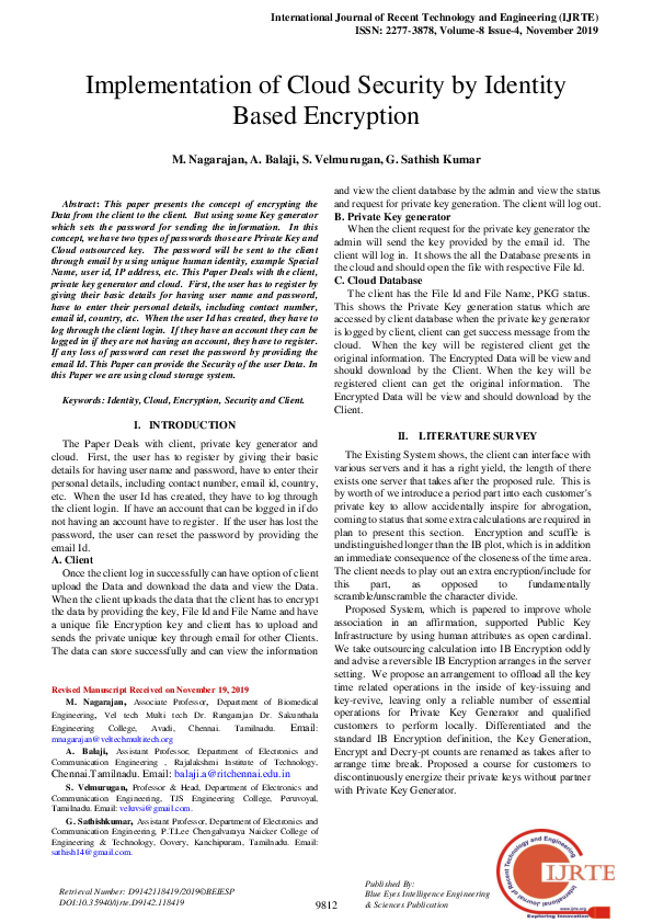(PDF) Implementation of Cloud Security by Identity Based Encryption