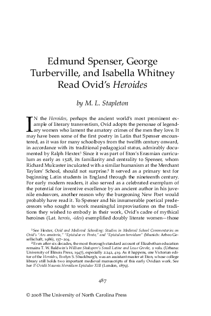 (PDF) Edmund Spenser, George Turberville, and Isabella Whitney Read ...