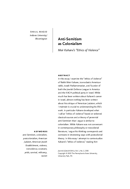 (PDF) Shaul Magid, “Anti-Semitism as Colonialism: Meir Kahane’s ‘Ethics ...