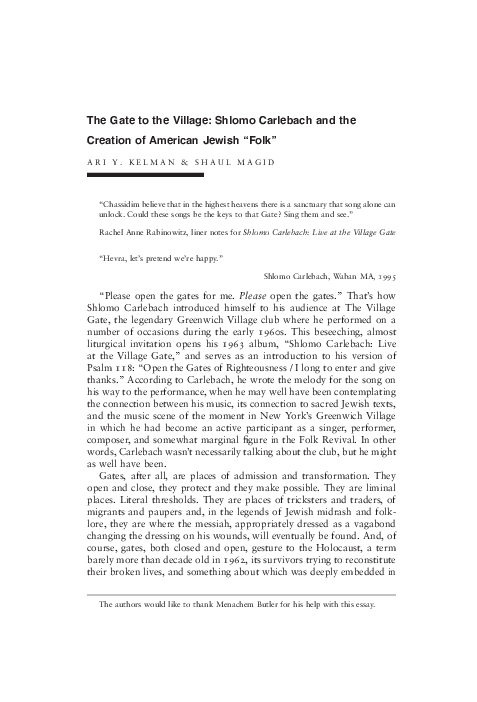 (PDF) Ari Y. Kelman and Shaul Magid, “The Gate to the Village: Shlomo ...