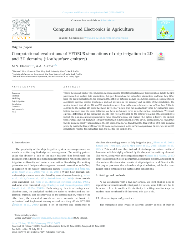 (PDF) Computational evaluations of HYDRUS simulations of drip irrigation in 2D and 3D domains ...