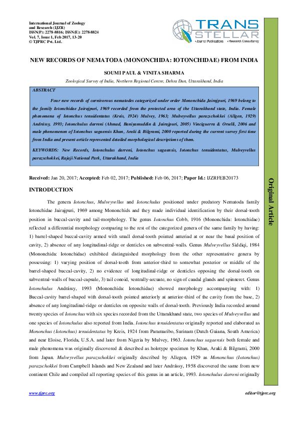 (PDF) NEW RECORDS OF NEMATODA (MONONCHIDA: IOTONCHIDAE) FROM INDIA