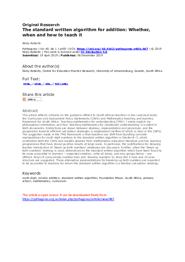 Pdf The Standard Written Algorithm For Addition Whether When And How To Teach It