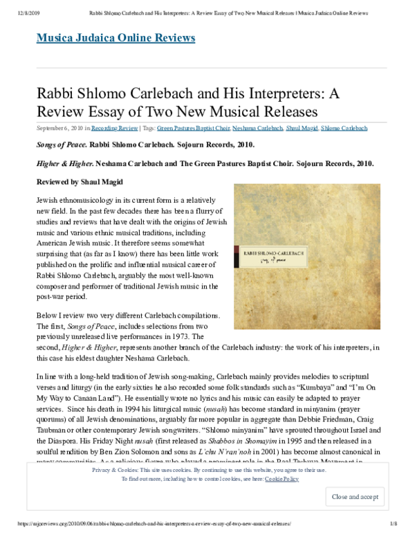 (PDF) Shaul Magid, “Rabbi Shlomo Carlebach and His Interpreters: A ...