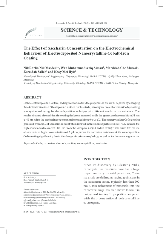 (PDF) PERTANIKA : The Effect of Saccharin Concentration on the ...
