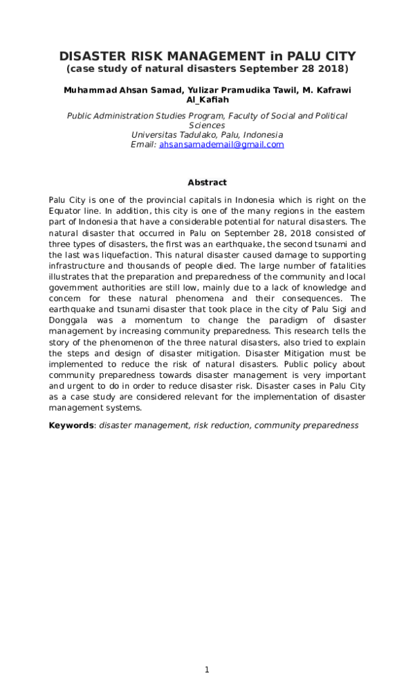 (PDF) DISASTER RISK MANAGEMENT in PALU CITY (case study of natural ...