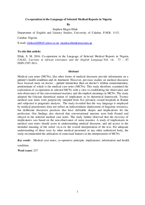 (PDF) Co-operation in the Language of Selected Medical Reports in Nigeria
