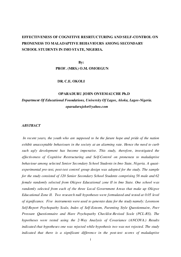 (DOC) EFFECTIVENESS OF COGNITIVE RESTRUCTURING AND SELF-CONTROL ON ...