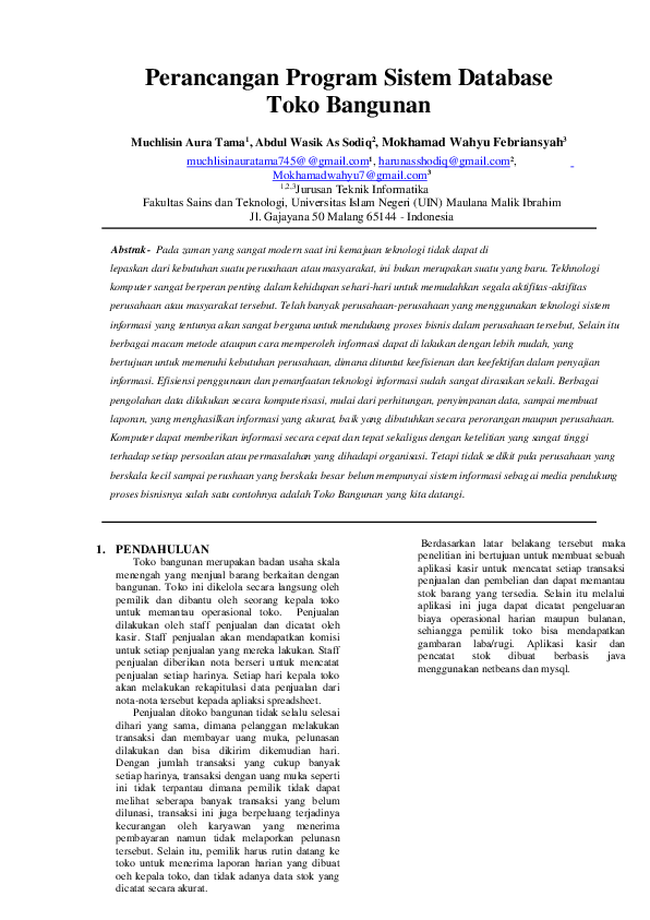 (PDF) Perancangan Program Sistem Database Toko Bangunan