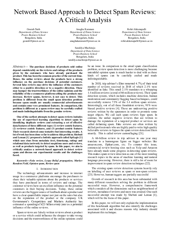 (PDF) Network Based Approach to Detect Spam Reviews: A Critical Analysis