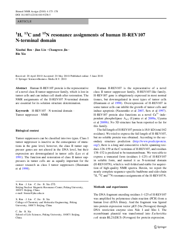 (PDF) 1H, 13C and 15N resonance assignments of human H-REV107 N-terminal domain