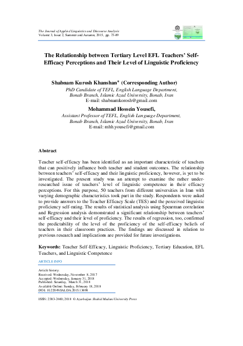 (PDF) The Relationship between Tertiary Level EFL Teachers’ Self-Efficacy Perceptions and Their ...