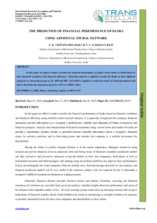 (PDF) THE PREDICTION OF FINANCIAL PERFORMANCE OF BANKS USING ARTIFICIAL ...