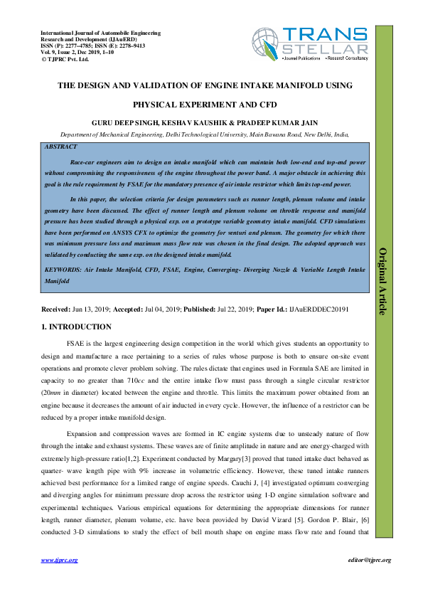 Pdf The Design And Validation Of Engine Intake Manifold Using Physical Experiment And Cfd