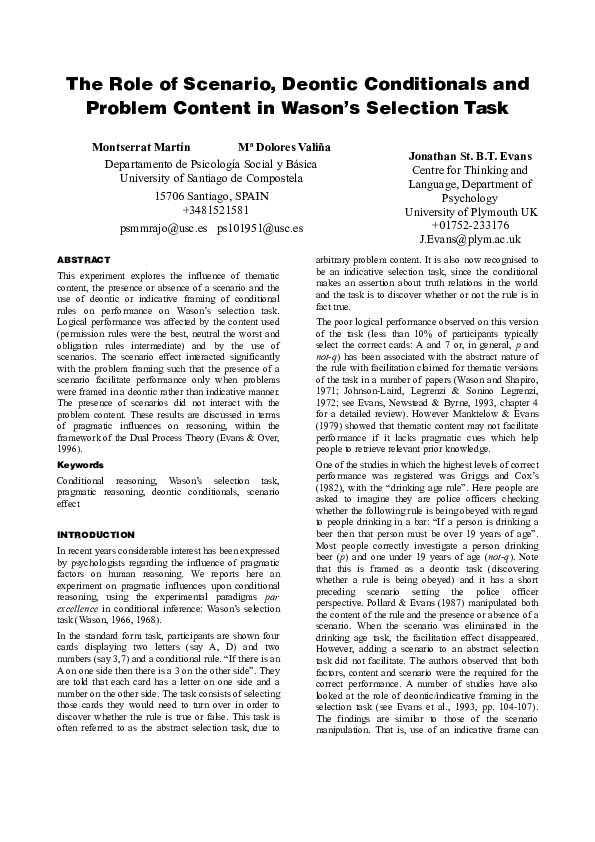 The Role of Scenario, Deontic Conditionals and Problem Content in Wason ...