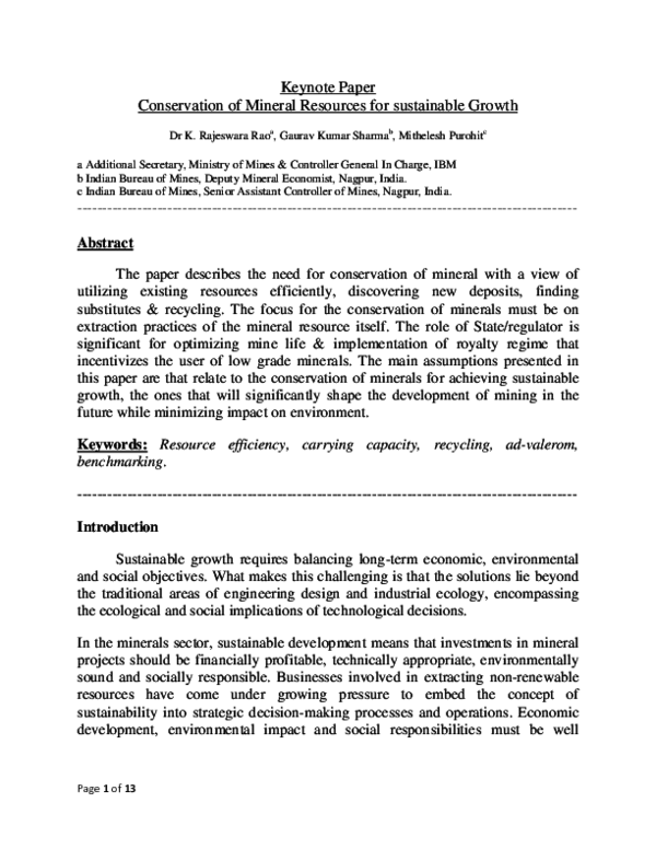 (PDF) Conservation of Mineral Resources for Sustainable Growth
