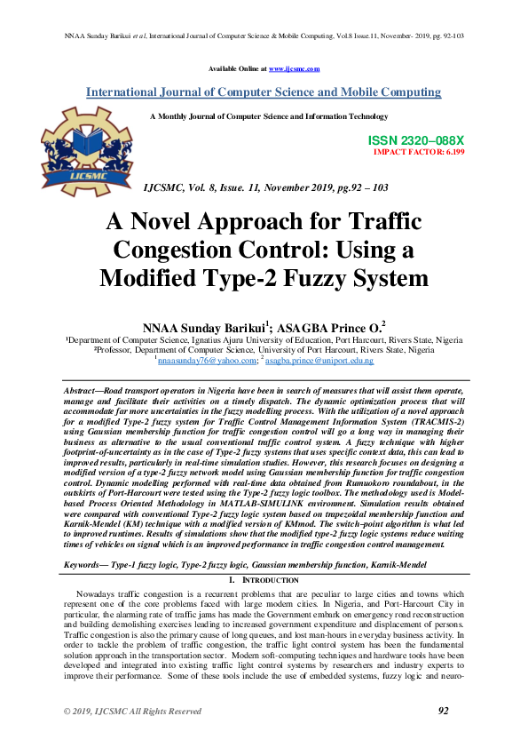 (PDF) A Novel Approach for Traffic Congestion Control: Using a Modified Type-2 Fuzzy System﻿